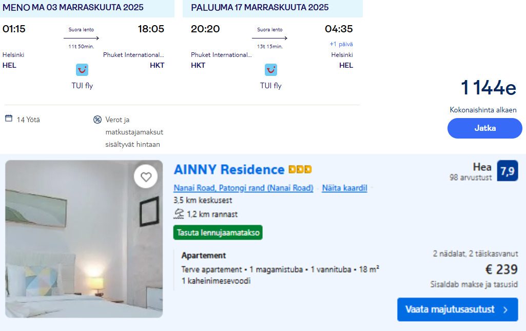 Edasi-tagasi otselennud Helsingist Phuketile 572 €! Lennud ja 14 ööd ...